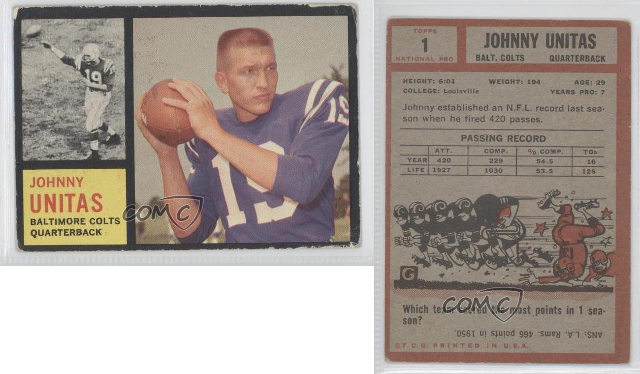 1962 Topps 1 Johnny Unitas Baltimore Colts Football Card Ebay