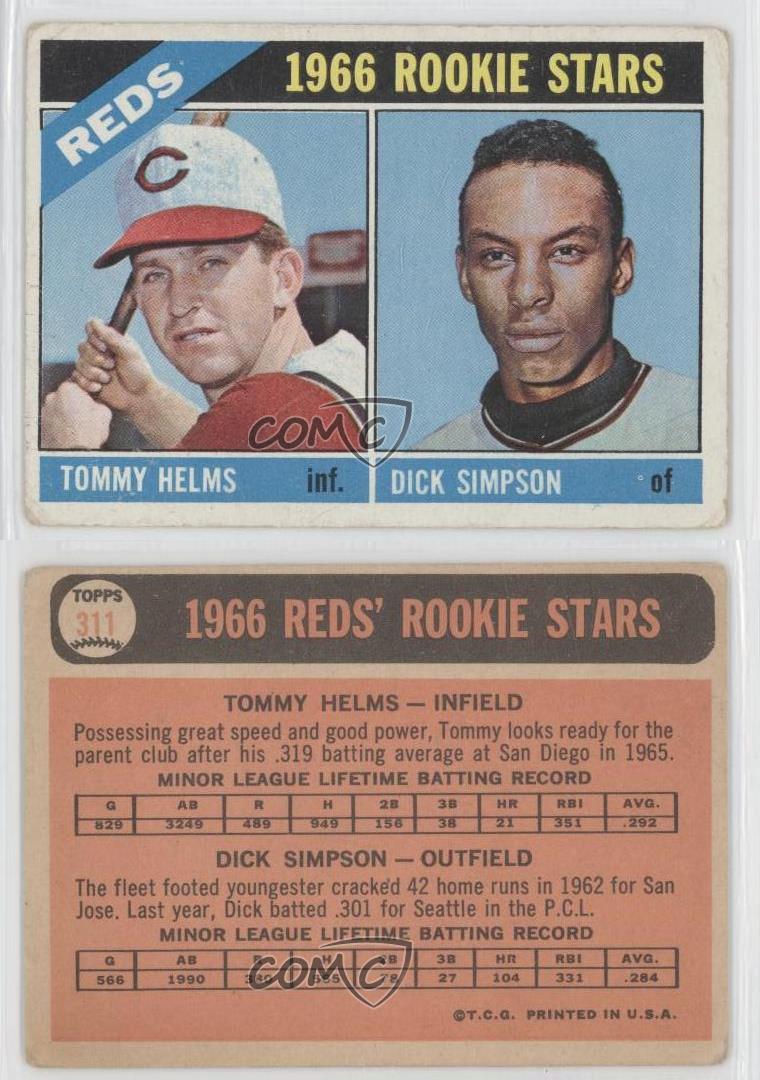 1966 Topps #311 Tommy Helms Dick Simpson Cincinnati Reds Baseball Card ...